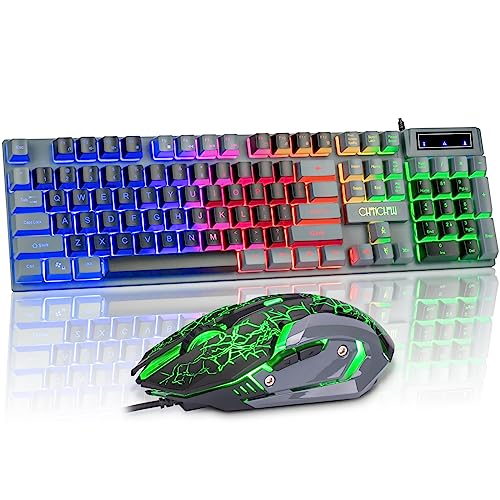 CHONCHOW Gaming Keyboard and Mouse Combo LED Backlit 104Keys Full Size Keyboard Light Up USB Wired Mechanical Feel 3600 DPI Gaming Mic for Windows PC Mac Xbox Gamer