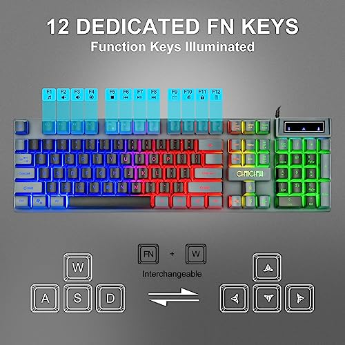 CHONCHOW Gaming Keyboard and Mouse Combo LED Backlit 104Keys Full Size Keyboard Light Up USB Wired Mechanical Feel 3600 DPI Gaming Mic for Windows PC Mac Xbox Gamer