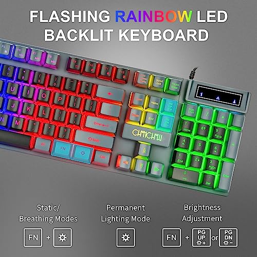 CHONCHOW Gaming Keyboard and Mouse Combo LED Backlit 104Keys Full Size Keyboard Light Up USB Wired Mechanical Feel 3600 DPI Gaming Mic for Windows PC Mac Xbox Gamer