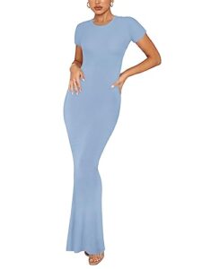 reoria women's summer sexy casual lounge long dress elegant wedding guest short sleeve crew neck bodycon maxi dresses blue small