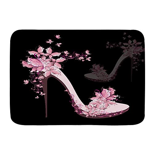 Black Pink High Heels Flowers Bath Mats Non-Slip Absorbent Soft Plush Doormat Bathroom Decor Rugs for Kitchen Bedroom Floor Mat20 x32