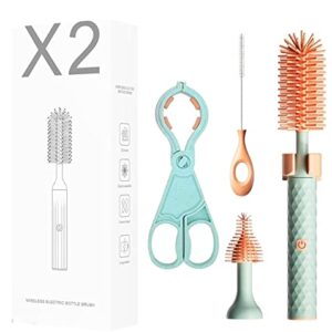 4-Piece Set Electric Bottle Brush,Set with Baby Bottle Brush,Electric Silicone Bottle Brush,2 Nipple Brush,Straw Cleaner Brush,Bottle clamp,Gift for Pregnant Women and New Moms (Green)