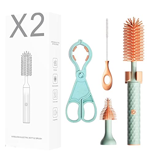 4-Piece Set Electric Bottle Brush,Set with Baby Bottle Brush,Electric Silicone Bottle Brush,2 Nipple Brush,Straw Cleaner Brush,Bottle clamp,Gift for Pregnant Women and New Moms (Green)