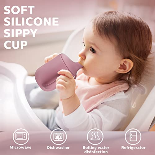 Dandat 2 Pcs Silicone Sippy Cups for Baby 6 Months+ Soft Training Cups for Babies Spill Proof Toddler Cups with Double Handles and Spout Lid Easy Grip, 5 oz (Rosy, Pink)