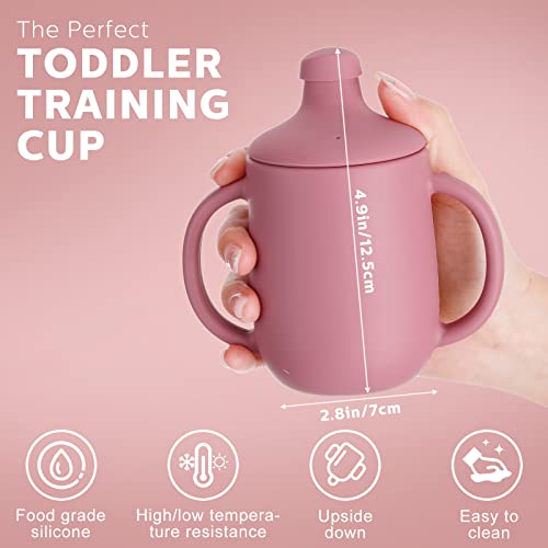 Dandat 2 Pcs Silicone Sippy Cups for Baby 6 Months+ Soft Training Cups for Babies Spill Proof Toddler Cups with Double Handles and Spout Lid Easy Grip, 5 oz (Rosy, Pink)