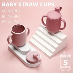 Dandat 2 Pcs Silicone Sippy Cups for Baby 6 Months+ Soft Training Cups for Babies Spill Proof Toddler Cups with Double Handles and Spout Lid Easy Grip, 5 oz (Rosy, Pink)