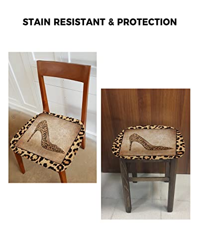 Stretch Chair Seat Cover Set of 6,Leopard High Heels Animal Skin Print Kitchen Chair Slipcover Washable Removable Chair Seat Protector,Vintage Flower Leaves Chair Cushion Covers for Dining Room Party