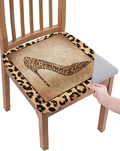 Stretch Chair Seat Cover Set of 6,Leopard High Heels Animal Skin Print Kitchen Chair Slipcover Washable Removable Chair Seat Protector,Vintage Flower Leaves Chair Cushion Covers for Dining Room Party