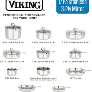 Viking Culinary 3-Ply Stainless Steel Cookware Set, 17 piece | Includes Pots & Pans, Steamer Insert & Glass Lids | Dishwasher, Oven Safe & 304 Stainless Steel Kitchen Utensil Set