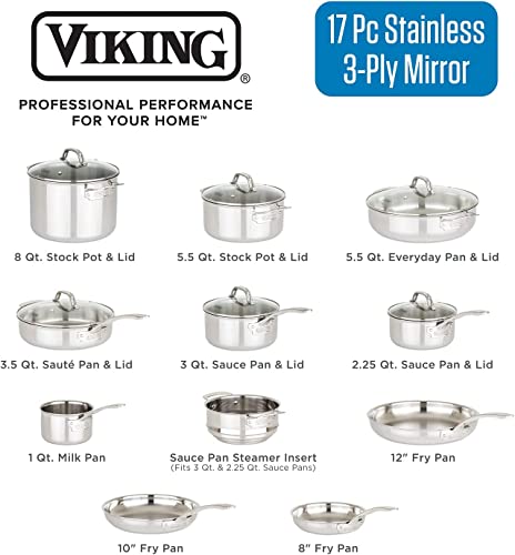 Viking Culinary 3-Ply Stainless Steel Cookware Set, 17 piece | Includes Pots & Pans, Steamer Insert & Glass Lids | Dishwasher, Oven Safe & 304 Stainless Steel Kitchen Utensil Set