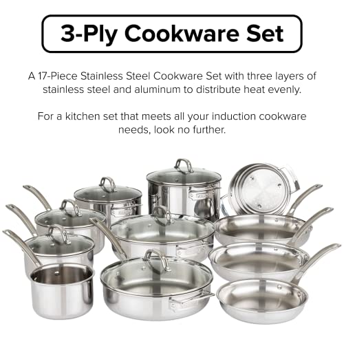 Viking Culinary 3-Ply Stainless Steel Cookware Set, 17 piece | Includes Pots & Pans, Steamer Insert & Glass Lids | Dishwasher, Oven Safe & 304 Stainless Steel Kitchen Utensil Set