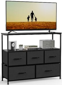 dresser tv stand, entertainment center with 5 fabric drawers, media console table for tv with open storage shelf dresser for bedroom/living room/hallway black