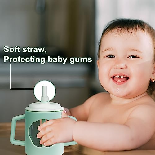 Laucci Straw Sippy Cups for Baby 6-12 Months and Toddlers 1-3 Year Old, Glass Sippy Cups with Handles for Infant, BPA Free, Non-Toxic, Spill-Proof, Drop-Proof (Morandi Green) 9 fl oz