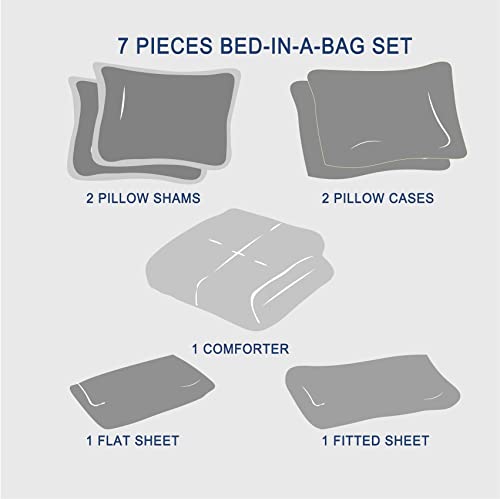 Zzlpp Queen Comforter Set 7 Pieces, Dark Grey Seersucker Bed in a Bag with Comforter and Sheets, All Season Bedding Sets with 1 Comforter, 2 Pillow Shams, 2 Pillowcases, 1 Flat Sheet, 1 Fitted Sheet