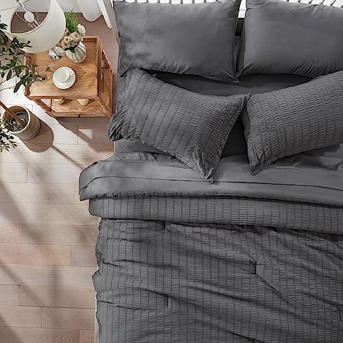 Zzlpp Queen Comforter Set 7 Pieces, Dark Grey Seersucker Bed in a Bag with Comforter and Sheets, All Season Bedding Sets with 1 Comforter, 2 Pillow Shams, 2 Pillowcases, 1 Flat Sheet, 1 Fitted Sheet