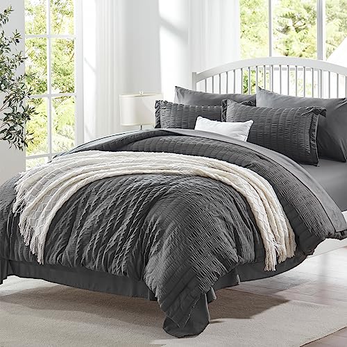 Zzlpp Queen Comforter Set 7 Pieces, Dark Grey Seersucker Bed in a Bag with Comforter and Sheets, All Season Bedding Sets with 1 Comforter, 2 Pillow Shams, 2 Pillowcases, 1 Flat Sheet, 1 Fitted Sheet