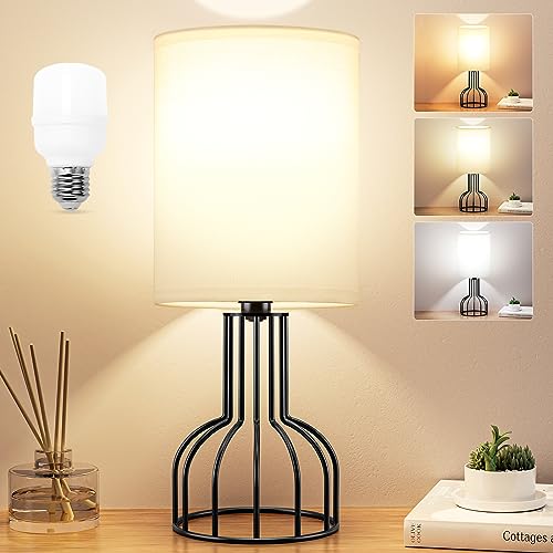 Bedside Table Lamp for Bedroom - Small Lamp with 3 Color Modes-3000K-4000K-5000K Nightstand Lamp with Simple Black Metal Base and White Fabric Shade for Kids, Living Room，Bedroom (LED Bulb Included)