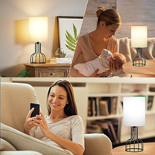 Bedside Table Lamp for Bedroom - Small Lamp with 3 Color Modes-3000K-4000K-5000K Nightstand Lamp with Simple Black Metal Base and White Fabric Shade for Kids, Living Room，Bedroom (LED Bulb Included)