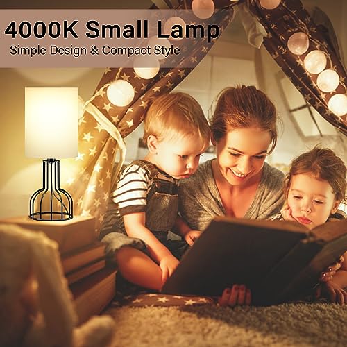 Bedside Table Lamp for Bedroom - Small Lamp with 3 Color Modes-3000K-4000K-5000K Nightstand Lamp with Simple Black Metal Base and White Fabric Shade for Kids, Living Room，Bedroom (LED Bulb Included)