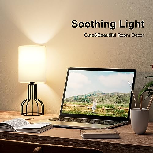 Bedside Table Lamp for Bedroom - Small Lamp with 3 Color Modes-3000K-4000K-5000K Nightstand Lamp with Simple Black Metal Base and White Fabric Shade for Kids, Living Room，Bedroom (LED Bulb Included)