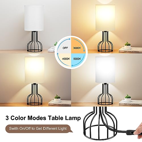 Bedside Table Lamp for Bedroom - Small Lamp with 3 Color Modes-3000K-4000K-5000K Nightstand Lamp with Simple Black Metal Base and White Fabric Shade for Kids, Living Room，Bedroom (LED Bulb Included)