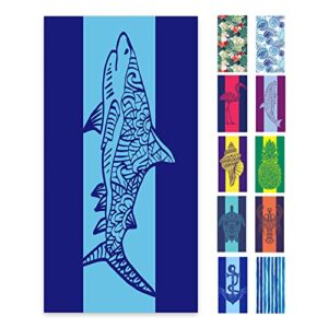 cabanana sand free beach towel - large oversized beach towel sandproof 70x35 big microfiber quick dry pool towel, thin lightweight compact for travel swimming bath yoga for adults women men (shark)