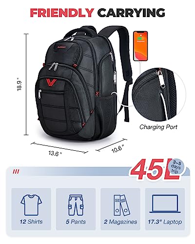 BAGSMART 45L Travel Laptop Backpack, TSA 17.3 Inch Laptop Backpack Flight Approved Black Travel Backpack with USB Charger Hole, Water Resistant College Computer Backpack Business Weekender Bag, Black