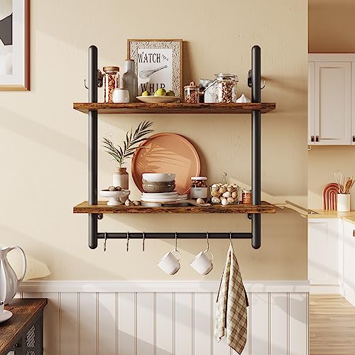 Bestier Floating Shelves Kitchen Shelves Wall Mounted 24" Wood Floating Shelf Bathroom 2 Tier Ladder Shelves with Tower Bar, Wall Decor for Bedroom, Living Room, Coffee bar & Balcony, Rustic Brown