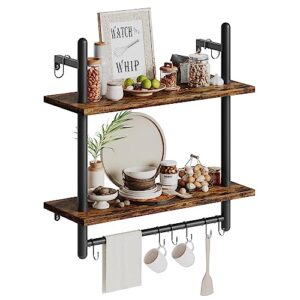 Bestier Floating Shelves Kitchen Shelves Wall Mounted 24" Wood Floating Shelf Bathroom 2 Tier Ladder Shelves with Tower Bar, Wall Decor for Bedroom, Living Room, Coffee bar & Balcony, Rustic Brown