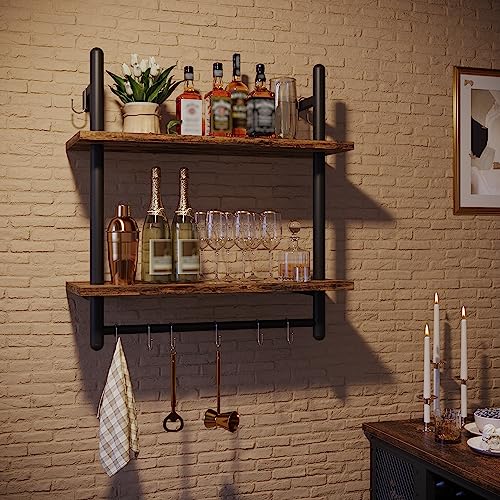 Bestier Floating Shelves Kitchen Shelves Wall Mounted 24" Wood Floating Shelf Bathroom 2 Tier Ladder Shelves with Tower Bar, Wall Decor for Bedroom, Living Room, Coffee bar & Balcony, Rustic Brown