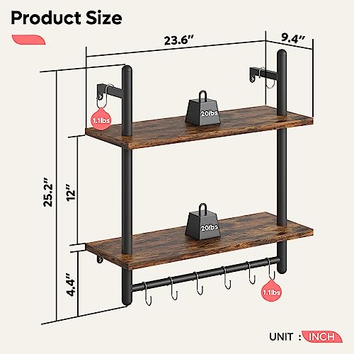 Bestier Floating Shelves Kitchen Shelves Wall Mounted 24" Wood Floating Shelf Bathroom 2 Tier Ladder Shelves with Tower Bar, Wall Decor for Bedroom, Living Room, Coffee bar & Balcony, Rustic Brown