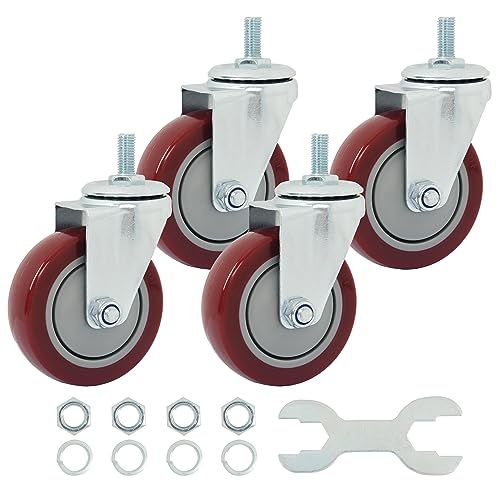 Finnhomy Swivel Caster Wheels 4 Inch Threaded Stem Casters Set of 4 Heavy Duty 1/2"-13 x 1" Anti-wear Polyurethane Industrial Castor Wheels for Cart/Furniture Load Bearing 2200 Lbs Smooth Casters Red