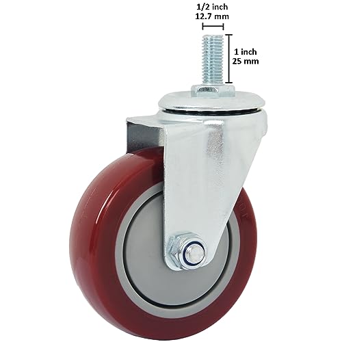 Finnhomy Swivel Caster Wheels 4 Inch Threaded Stem Casters Set of 4 Heavy Duty 1/2"-13 x 1" Anti-wear Polyurethane Industrial Castor Wheels for Cart/Furniture Load Bearing 2200 Lbs Smooth Casters Red