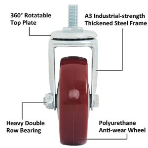 Finnhomy Swivel Caster Wheels 4 Inch Threaded Stem Casters Set of 4 Heavy Duty 1/2"-13 x 1" Anti-wear Polyurethane Industrial Castor Wheels for Cart/Furniture Load Bearing 2200 Lbs Smooth Casters Red