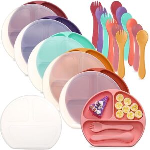 roshtia 6 packs silicone suction plates for toddlers kids plates with lids including spoon fork baby plates with suction microwave dishwasher safe plates divided into 3 portions for infants 6 colors