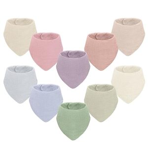 nlus 10 pack muslin baby bibs for teething and drooling 100% cotton baby bandana drool bibs for baby boys girls, solid colors