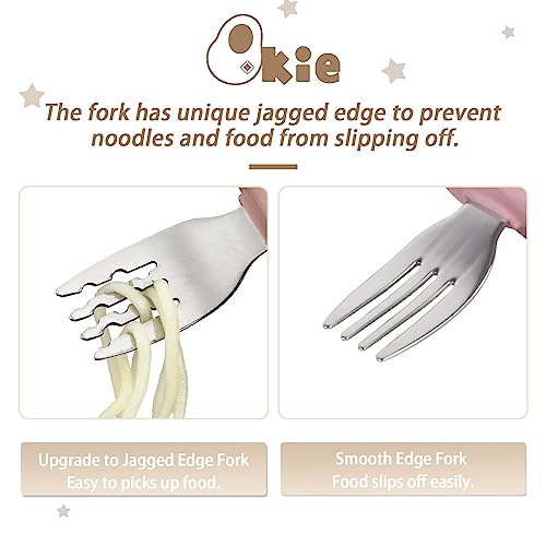 Qkie 4 Pack Toddler Utensils, Toddler Forks and Spoons, Baby Fork Self Feeding, Stainless Steel Baby Silverware with BPA Free Silicone Grip, 8 Months+(Sand & Grey)