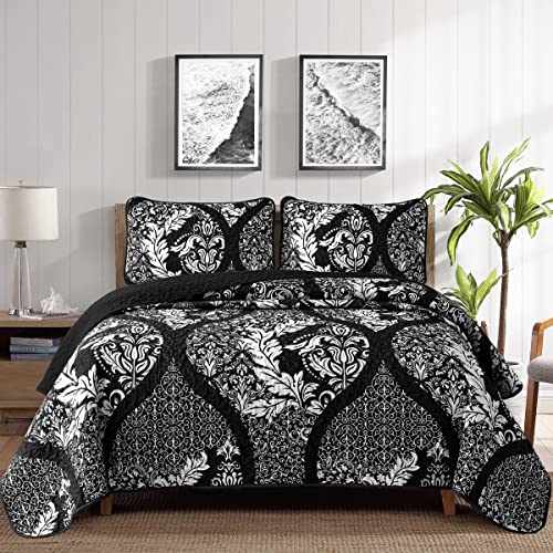 Black Quilt Set King Size, Boho Damask Bedspread Coverlet Set Soft Lightweight Microfiber Bedding Set 3 Pieces for All Season (104"x90")