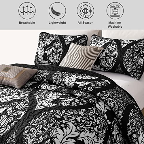 Black Quilt Set King Size, Boho Damask Bedspread Coverlet Set Soft Lightweight Microfiber Bedding Set 3 Pieces for All Season (104"x90")