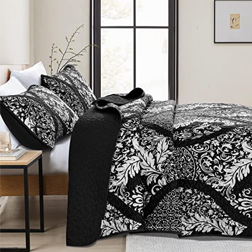 Black Quilt Set King Size, Boho Damask Bedspread Coverlet Set Soft Lightweight Microfiber Bedding Set 3 Pieces for All Season (104"x90")