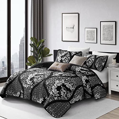 Black Quilt Set King Size, Boho Damask Bedspread Coverlet Set Soft Lightweight Microfiber Bedding Set 3 Pieces for All Season (104"x90")