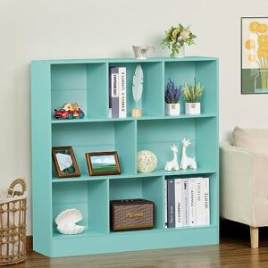 LEYAOYAO 8 Cube Bookshelf with Base,3 Tier Modern Mint-Green Kids Bookcase,Standing Wide Bookshelves Storage Organizer Toy Shelf,Wood Display Children's Book Shelves for Bedroom,Living Room,Nursery