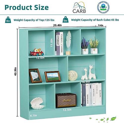 LEYAOYAO 8 Cube Bookshelf with Base,3 Tier Modern Mint-Green Kids Bookcase,Standing Wide Bookshelves Storage Organizer Toy Shelf,Wood Display Children's Book Shelves for Bedroom,Living Room,Nursery