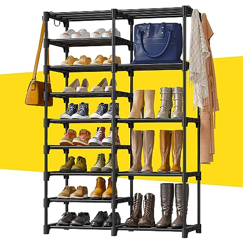 Raybee 9 Tier Shoe Rack for Entryway 35 Pairs, Stackable Metal Shoe Rack for Closet, Sturdy Shoe Organizer for Entryway Closet, Shoe Shelf Closet Shelf Organizer with 4 Hooks, 55.6"x34.6"x12.2"