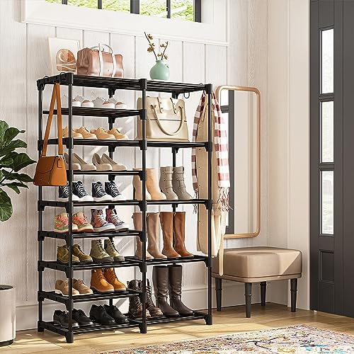 Raybee 9 Tier Shoe Rack for Entryway 35 Pairs, Stackable Metal Shoe Rack for Closet, Sturdy Shoe Organizer for Entryway Closet, Shoe Shelf Closet Shelf Organizer with 4 Hooks, 55.6"x34.6"x12.2"