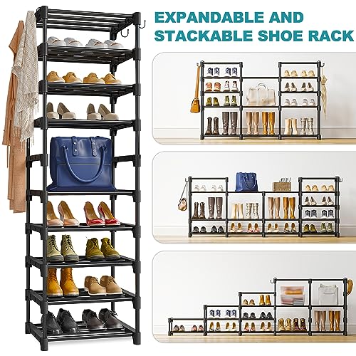 Raybee 9 Tier Shoe Rack for Entryway 35 Pairs, Stackable Metal Shoe Rack for Closet, Sturdy Shoe Organizer for Entryway Closet, Shoe Shelf Closet Shelf Organizer with 4 Hooks, 55.6"x34.6"x12.2"