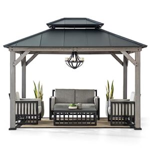 sunjoy 10 x 12 ft. wood gazebo, outdoor patio steel hardtop gazebo, cedar framed wooden gazebo with 2-tier metal roof, suitable for patios, lawn and backyard, matte black roof + gray wood frame