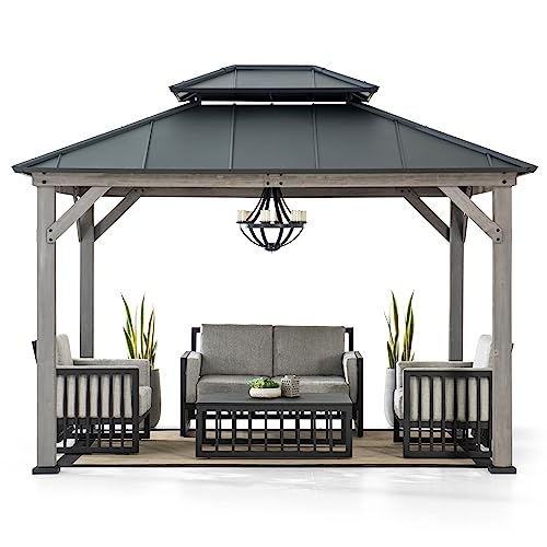 Sunjoy 10 x 12 ft. Wood Gazebo, Outdoor Patio Steel Hardtop Gazebo, Cedar Framed Wooden Gazebo with 2-Tier Metal Roof, Suitable for Patios, Lawn and Backyard, Matte Black Roof + Gray Wood Frame