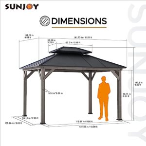 Sunjoy 10 x 12 ft. Wood Gazebo, Outdoor Patio Steel Hardtop Gazebo, Cedar Framed Wooden Gazebo with 2-Tier Metal Roof, Suitable for Patios, Lawn and Backyard, Matte Black Roof + Gray Wood Frame