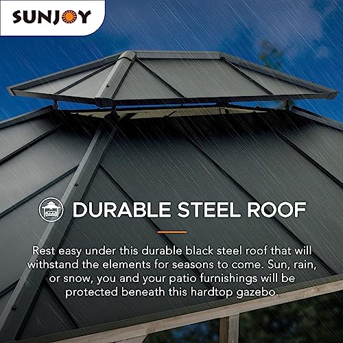 Sunjoy 10 x 12 ft. Wood Gazebo, Outdoor Patio Steel Hardtop Gazebo, Cedar Framed Wooden Gazebo with 2-Tier Metal Roof, Suitable for Patios, Lawn and Backyard, Matte Black Roof + Gray Wood Frame